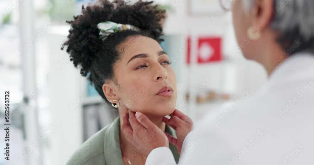 Doctor, hands and patient for neck checkup, consultation or healthcare ...