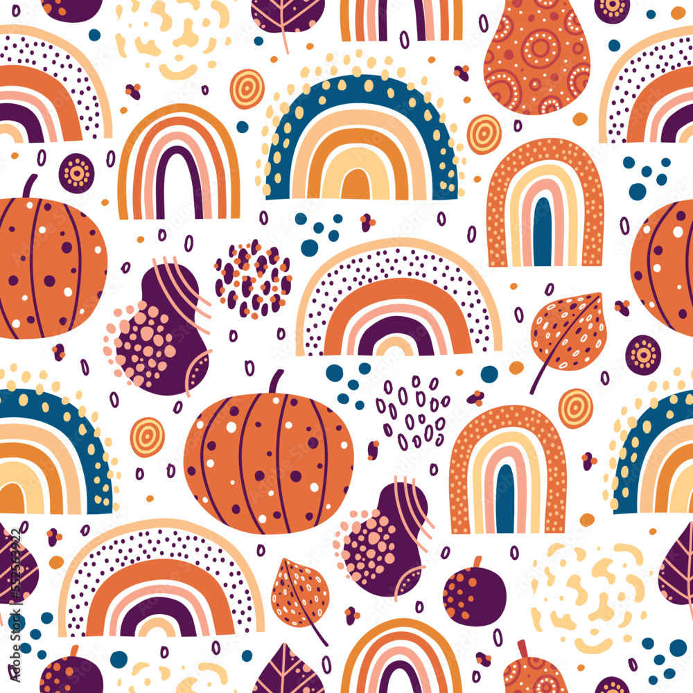 Autumn season dessert and drink flat vector seamless pattern. Pumpkin ...