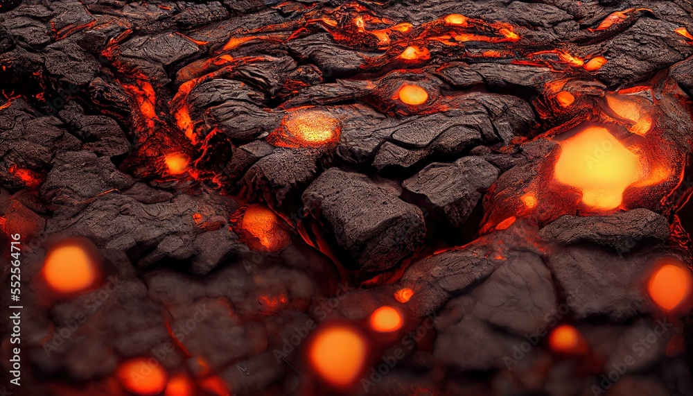 The surface of the lava has partially solidified. Orange cracks are ...