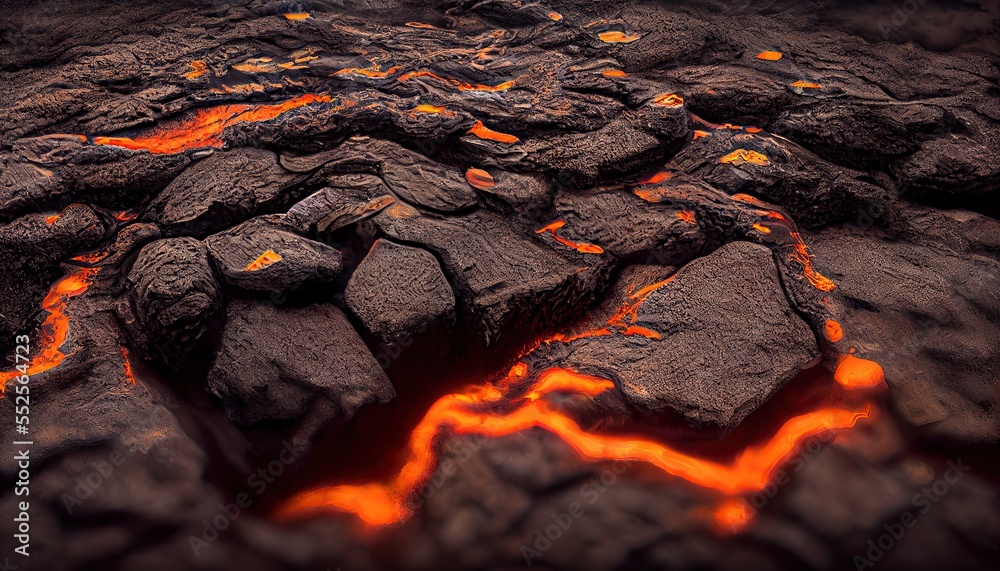 The surface of the lava has partially solidified. Orange cracks are ...