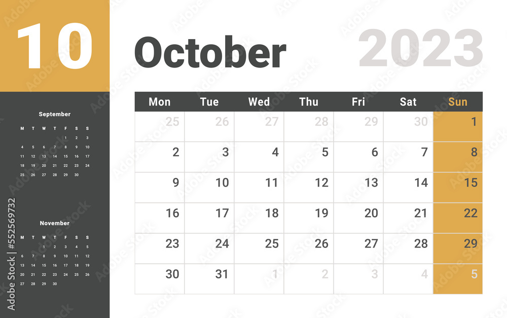 Monthly Calendar Template of october 2023. Vector layout simple ...