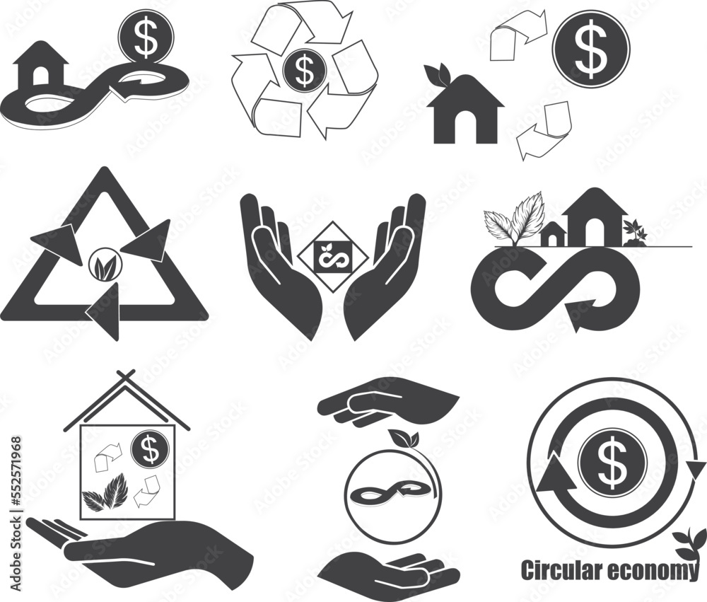 Circular economy icon set, economic circulation icon set black vector ...