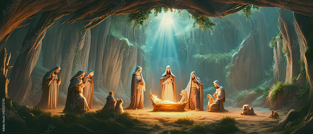 Christmas nativity scene of born child baby Jesus Christ in the manger ...