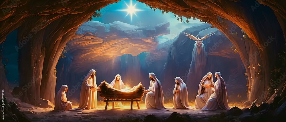 Christmas nativity scene of born child baby Jesus Christ in the manger ...