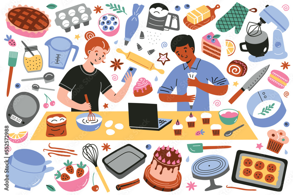 Vecteur Stock Home baking hand drawn set, cartoon people cooking ...