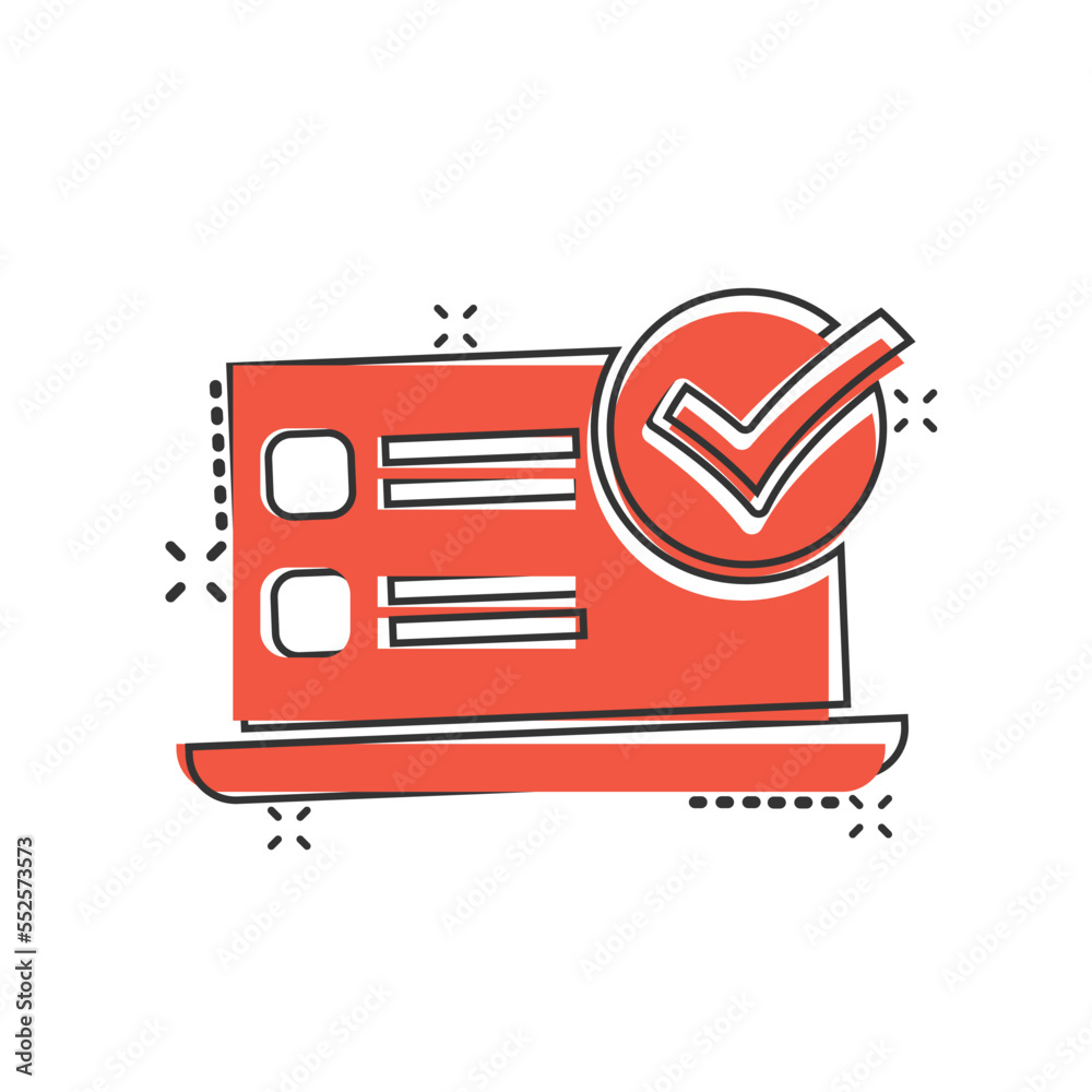 Laptop check mark icon in comic style. Computer approval cartoon vector ...