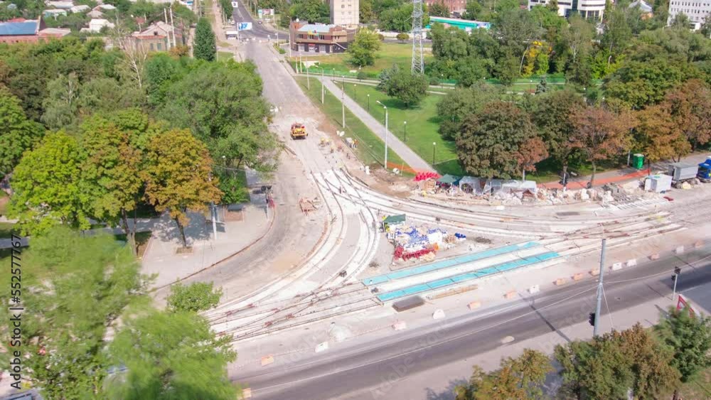 Repair works on the street timelapse. Laying of new tram rails on a ...