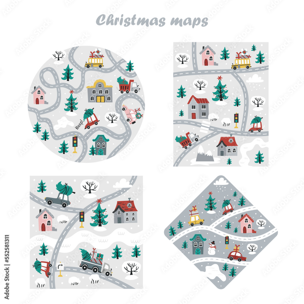 Collection of Christmas maps of the area with cars, houses and ...