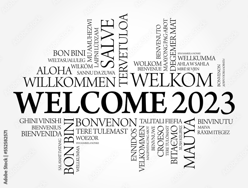 WELCOME 2023 word cloud in different languages, conceptual background ...