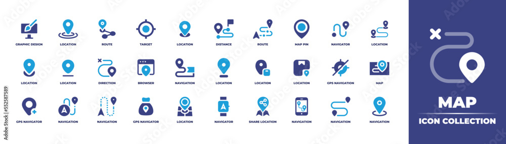 Map icon collection. Duotone color. Vector illustration. Containing a ...