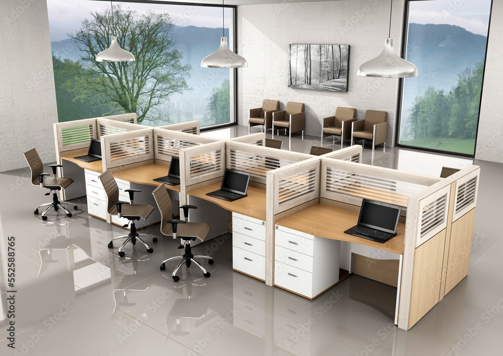 3d rendering empty office workstation partition interior Stock ...