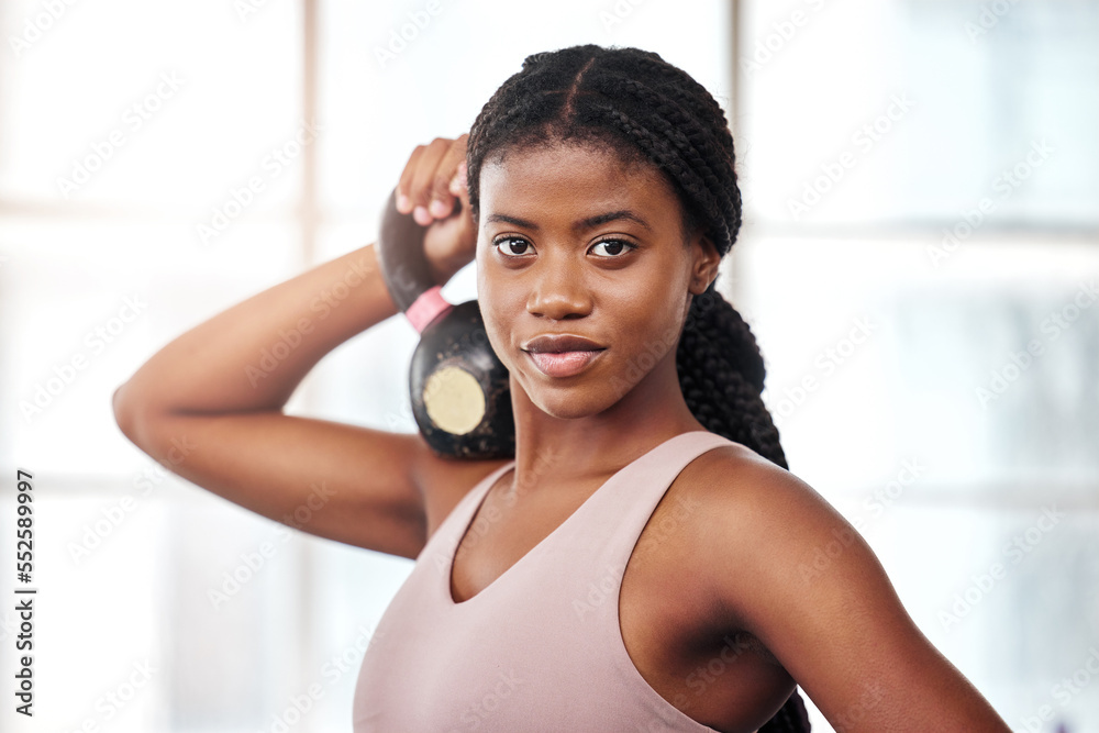 African woman, gym portrait and kettlebell for training, weightlifting ...
