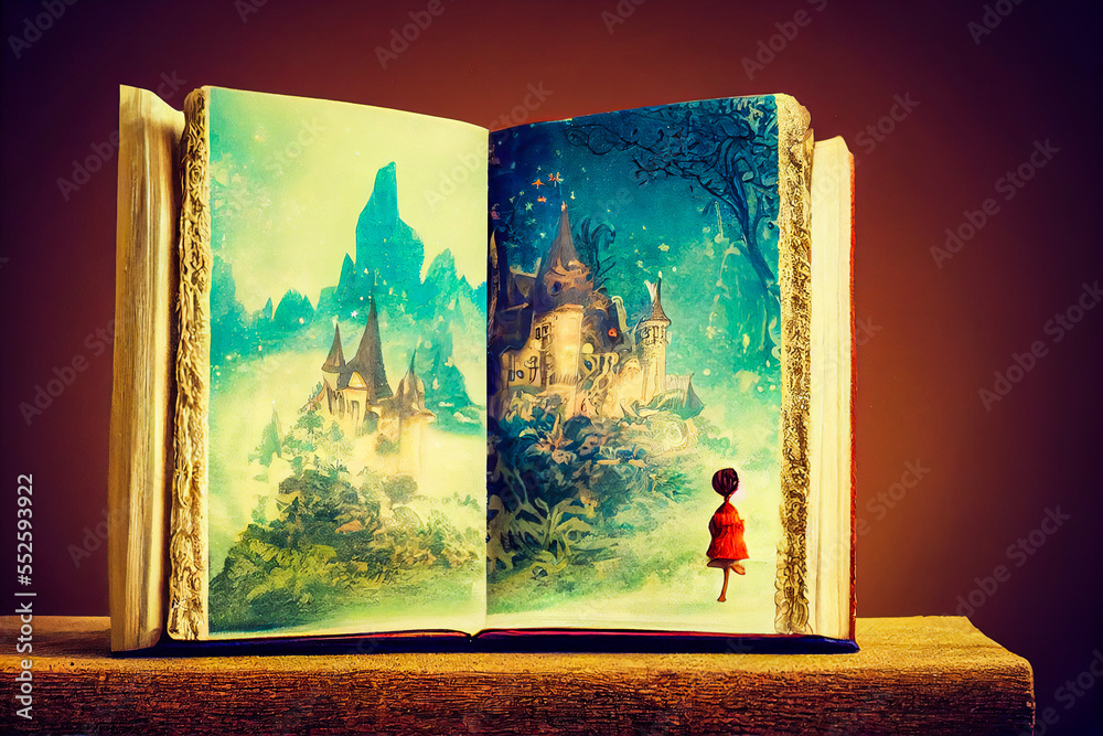 An open book of fairy tales and children's stories, filled with ...