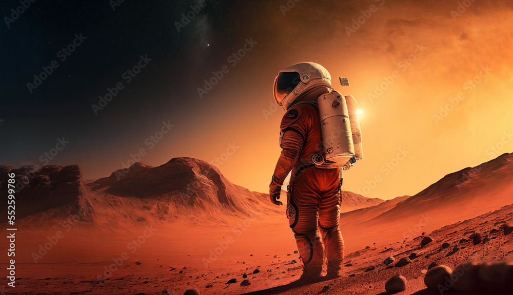 Astronaut on mars the red planet - landscape with desert and mountains ...