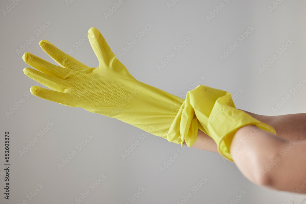 Hands, yellow rubber gloves and cleaning woman ready for worker ...
