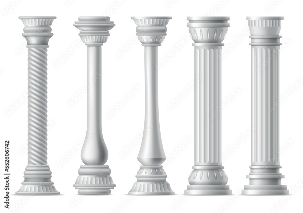 Antique columns, realistic icon set. Classic stone pillars of roman or ...
