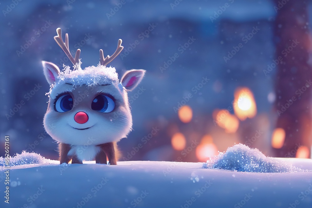 Cute little deer Rudolph in a snowy forest. Render of a Christmas ...
