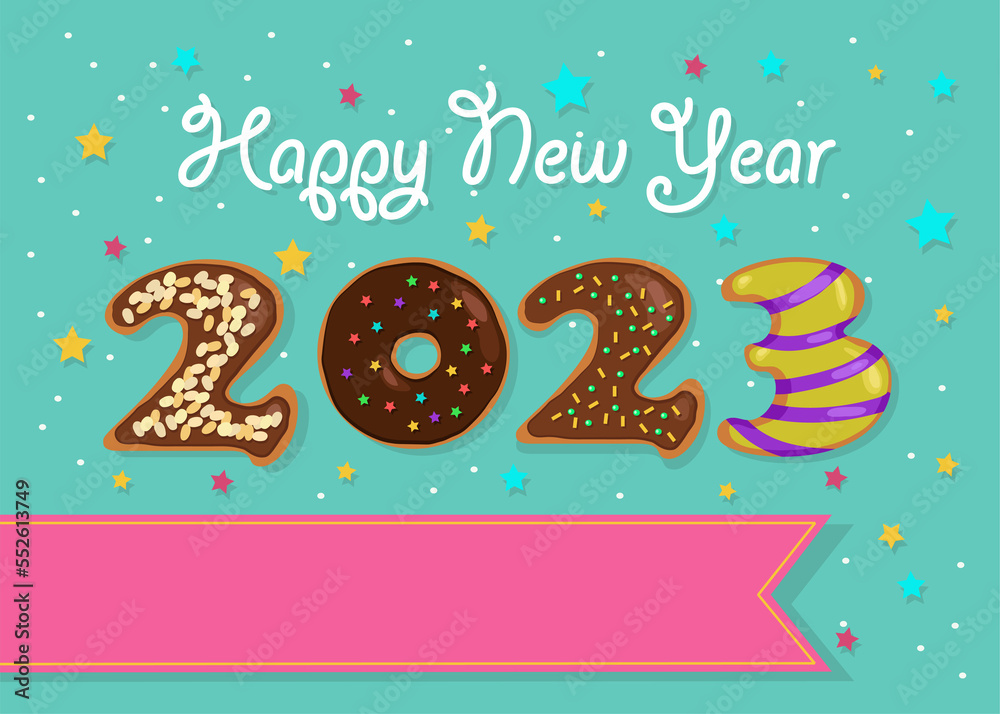 Colorful number 2023 as sweet donuts with cream and nuts decor. Green ...
