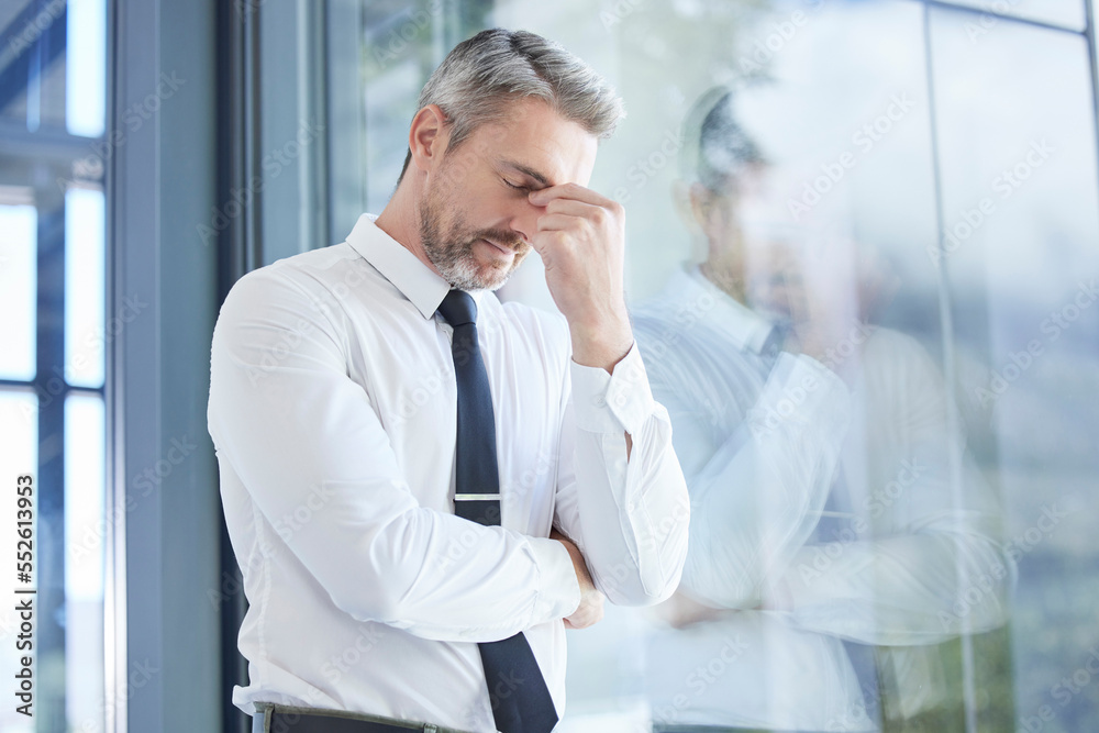 Window, business man and stress with headache, burnout and overworked ...