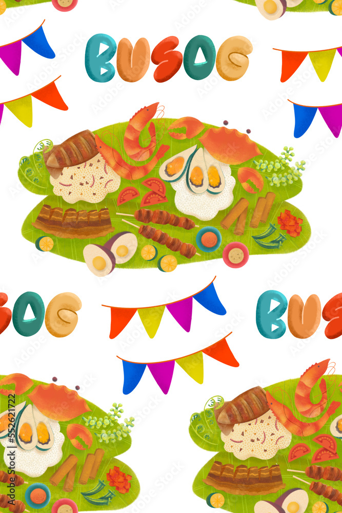 Filipino fiesta illustrated pattern with boodle fight food spread ...