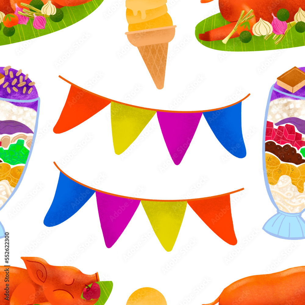 Filipino fiesta illustrated pattern with halo-halo, banderitas ...