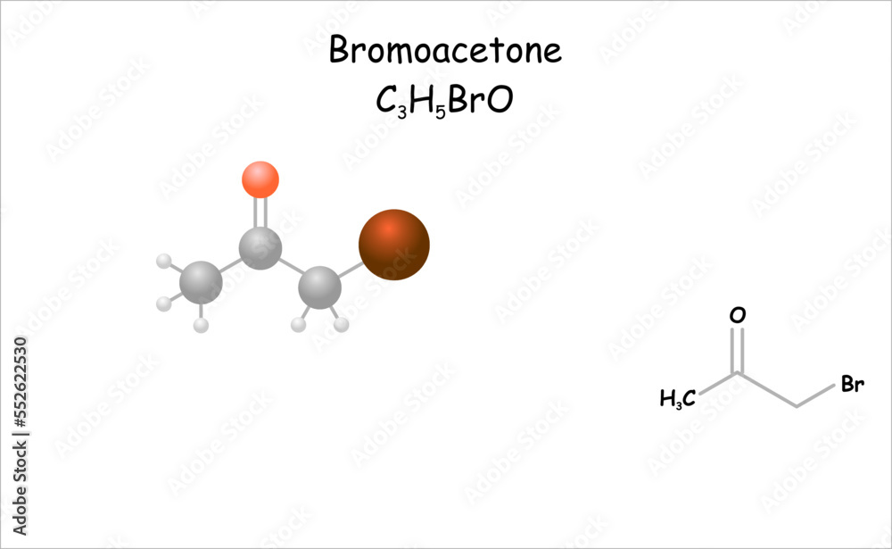 Stylized molecule model/structural formula of bromoacetone. Stock ...