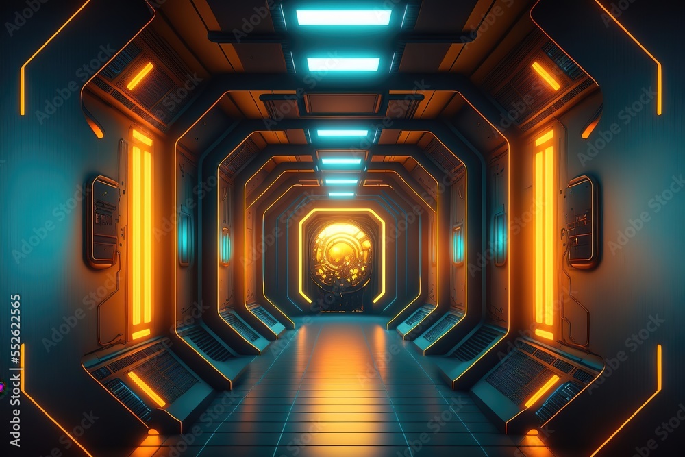 Abstract light tunnel, neon corridor. Space science and technology neon ...