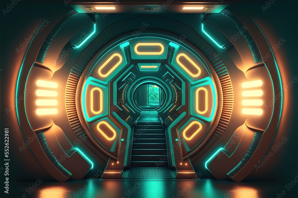Abstract light tunnel, neon corridor. Space science and technology neon ...