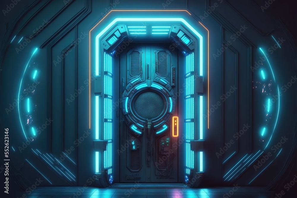 High tech fantasy round portal neon light, illumination entrance ...
