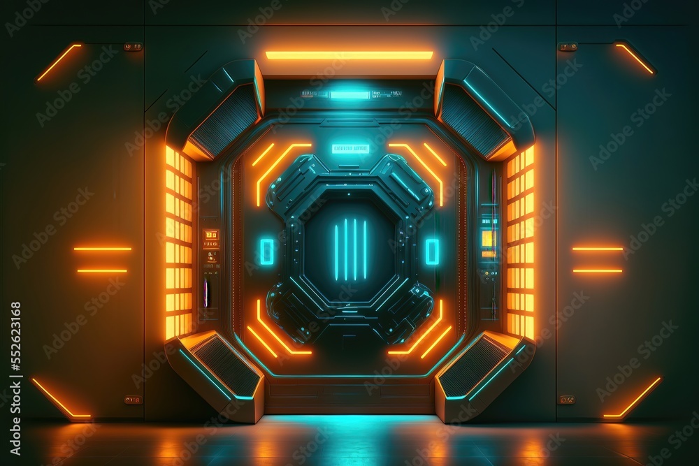 High tech fantasy round portal neon light, illumination entrance ...