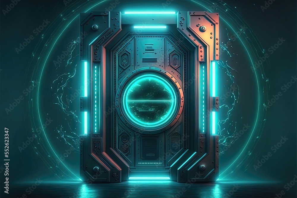 High tech fantasy round portal neon light, illumination entrance ...