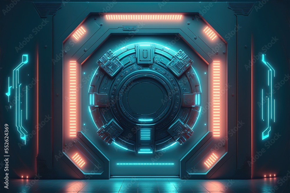 High tech fantasy round portal neon light, illumination entrance ...