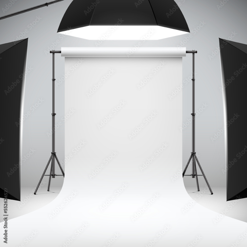 Photo studio white narrow backdrop with soft boxes. Professional photo ...