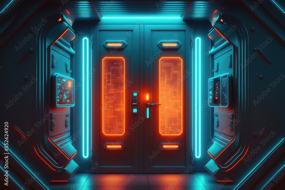 Intergalactic high-tech doors with instruments, display and neon light. Abstract room with doors ...