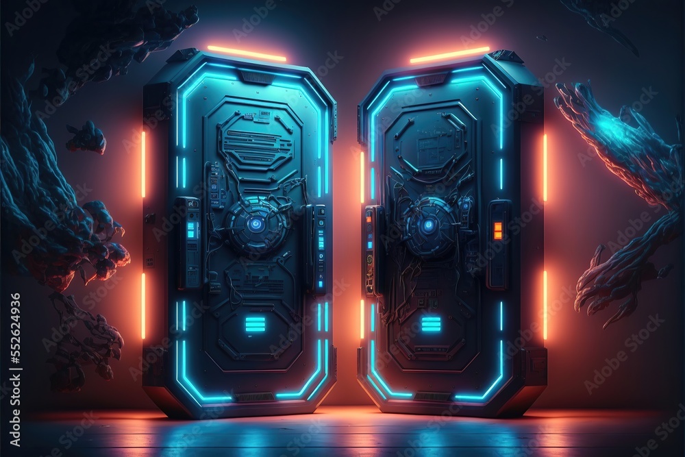 ภาพประกอบสต็อก Intergalactic high-tech doors with instruments, display ...