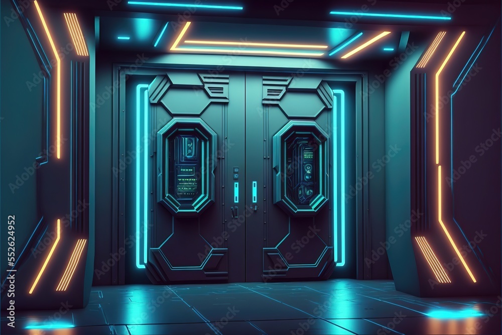 Intergalactic high-tech doors with instruments, display and neon light. Abstract room with doors ...