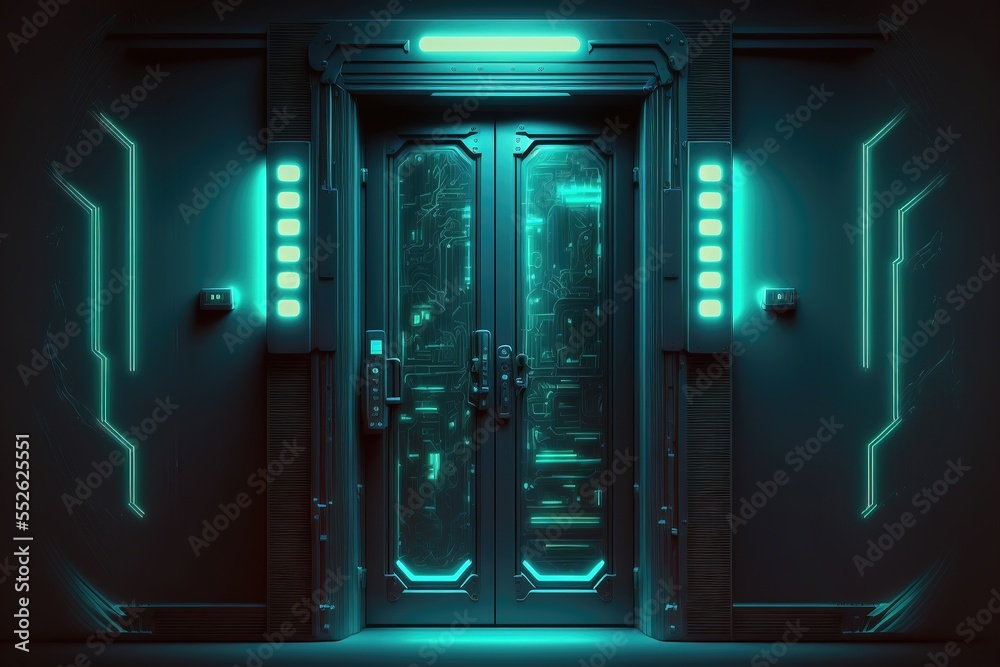Intergalactic high-tech doors with instruments, display and neon light ...