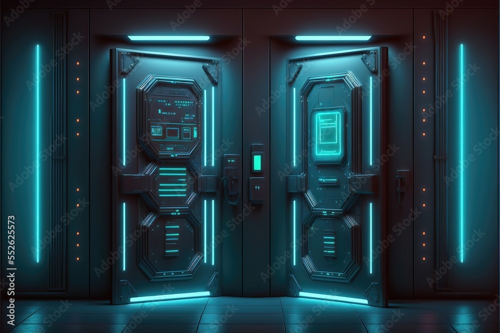 Intergalactic high-tech doors with instruments, display and neon light ...