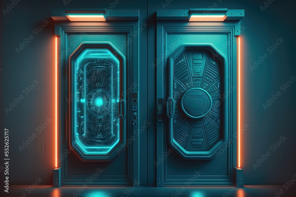 Intergalactic high-tech doors with instruments, display and neon light ...