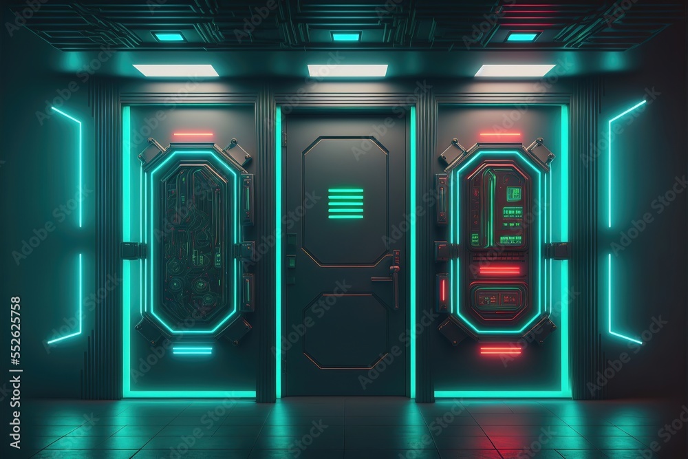 Intergalactic high-tech doors with instruments, display and neon light ...