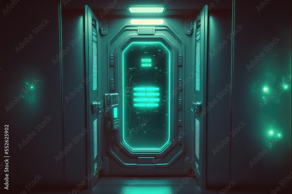 Intergalactic high-tech doors with instruments, display and neon light ...