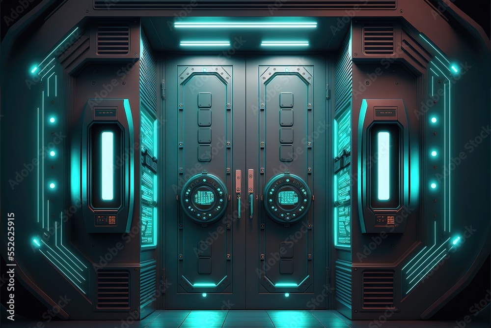 Intergalactic high-tech doors with instruments, display and neon light ...
