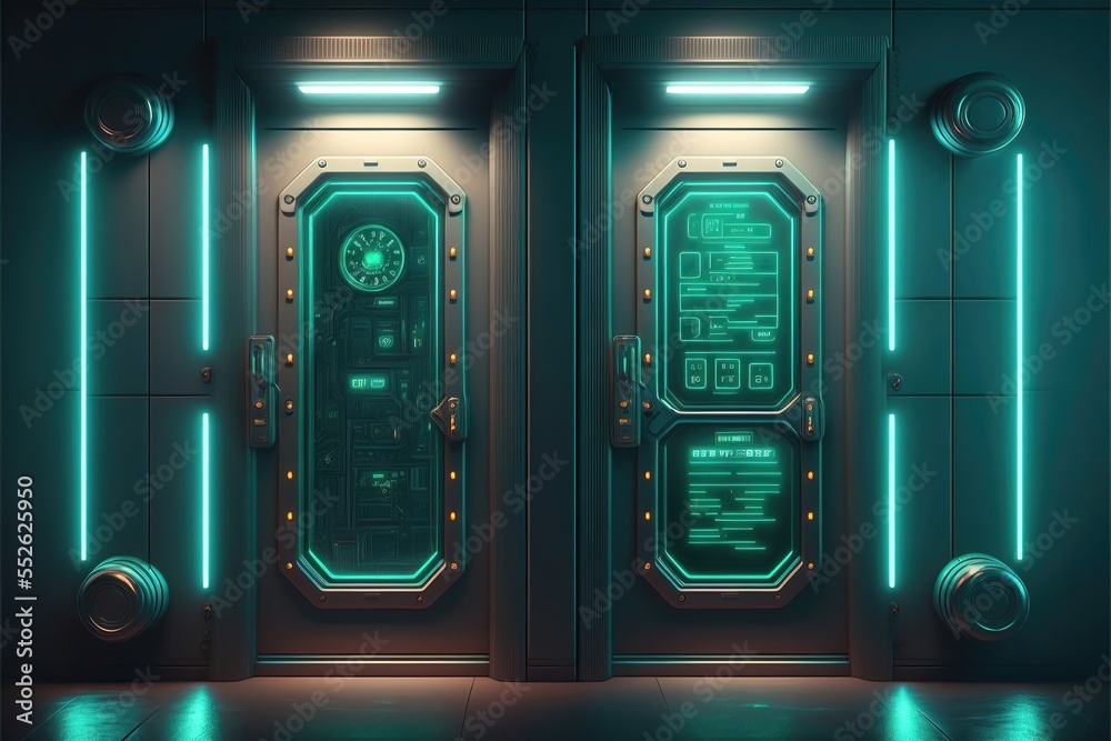 ภาพประกอบสต็อก Intergalactic high-tech doors with instruments, display ...