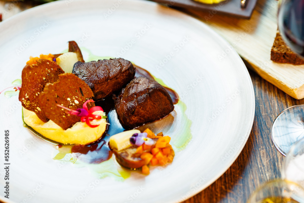 Deer Tenderloin Truffle Potato Puree Porcini Mushrooms Baked Leek And Carrot Juniper Bread