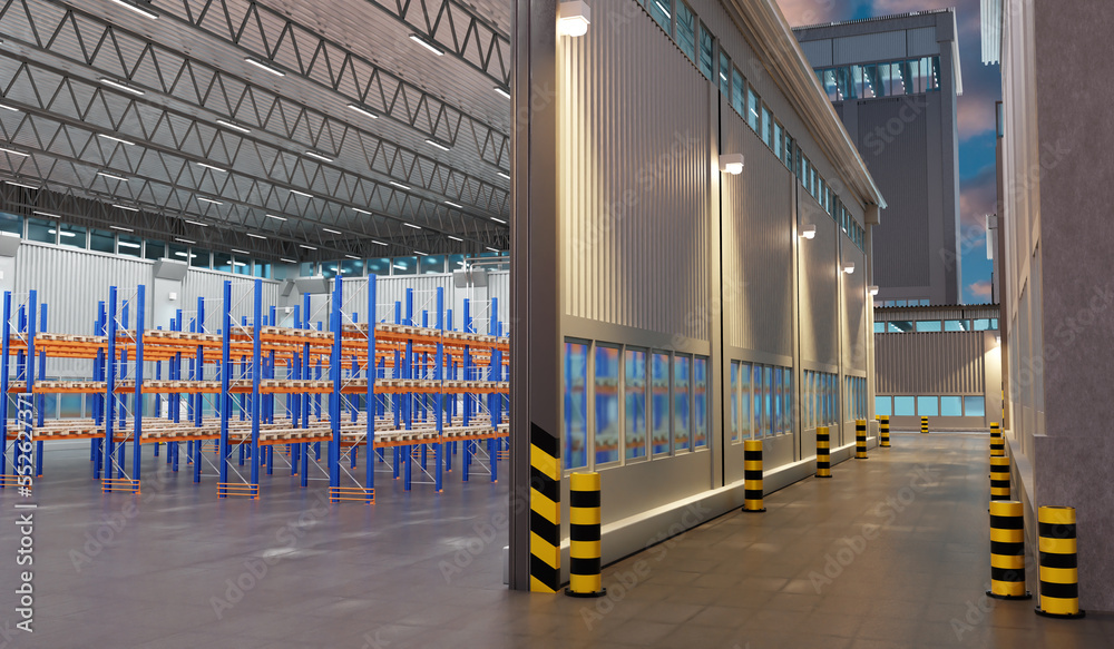 Warehouse building. Open gates of warehouse. Industrial building ...