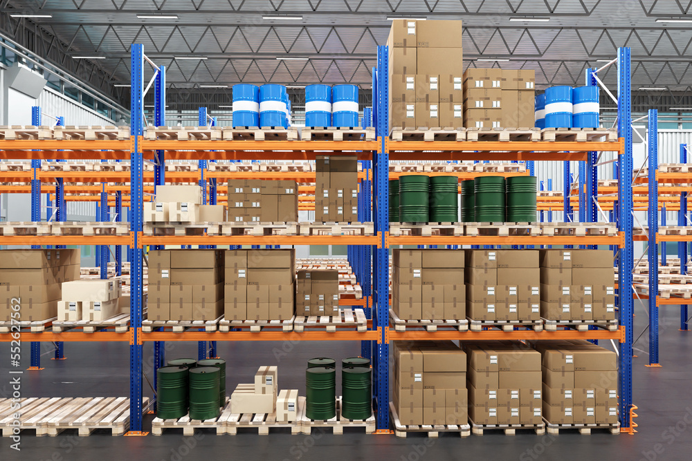 Metal warehouse racks. Boxes and barrels are on the shelves of the ...