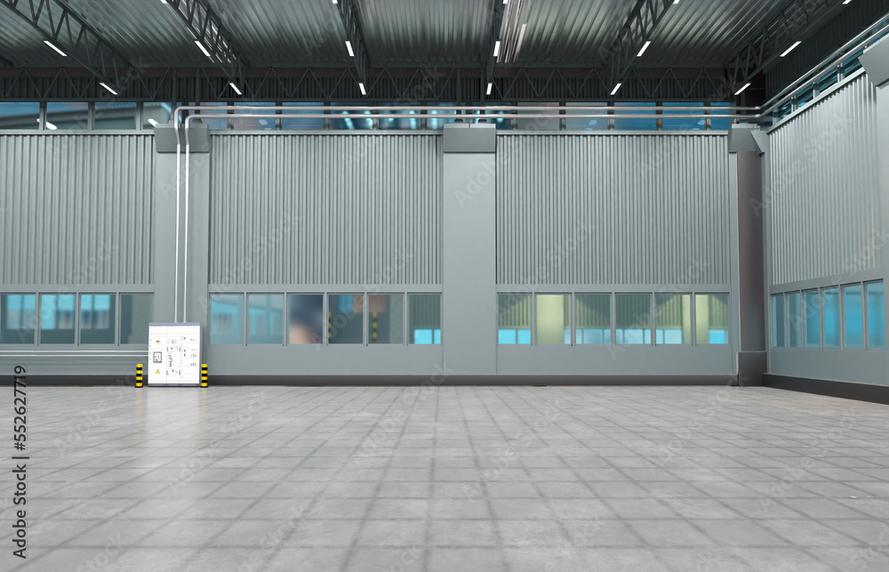 Empty warehouses. Empty hangar. Buildings for industrial purposes. Hangar with high ceilings. 3d ...