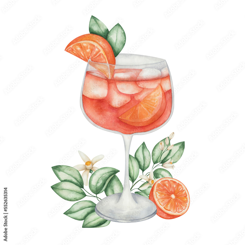 Watercolor illustration. Hand painted orange cocktail in glass with ...