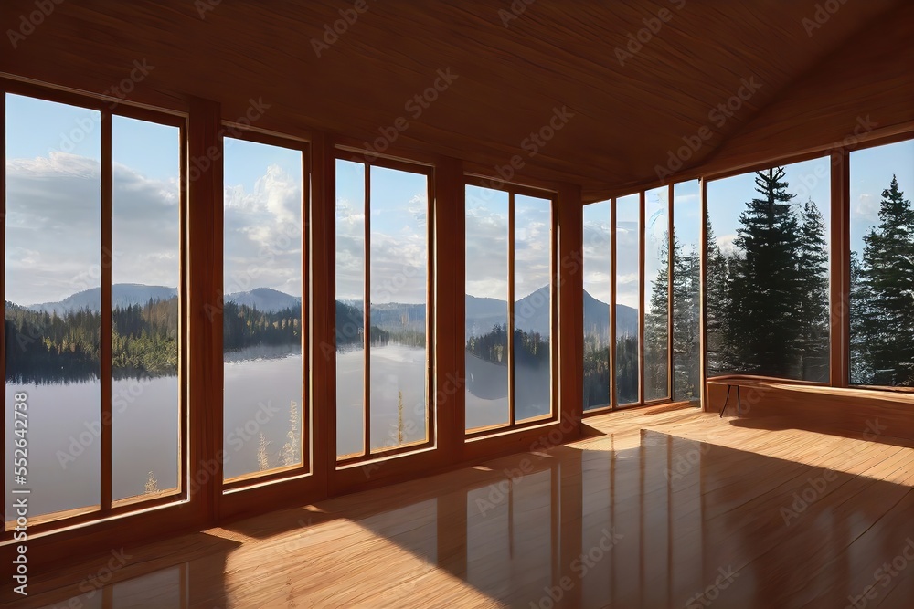 Cabin in the woods, large windows, forest view and lake Stock ...