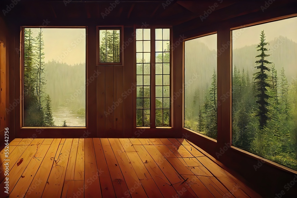 Cabin in the woods, large windows, forest view and lake Stock ...